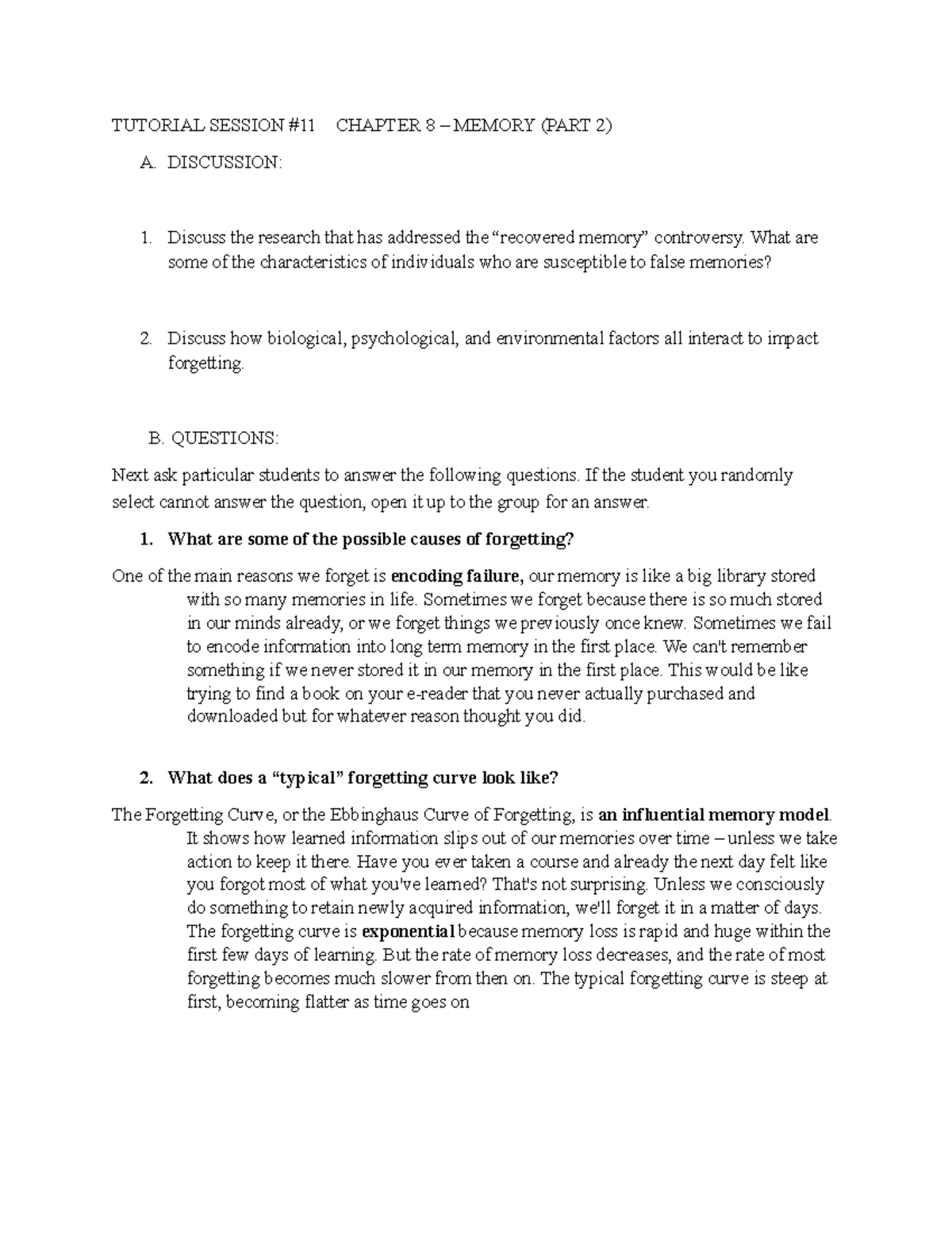 Tutorial 11 Questions copy - TUTORIAL SESSION #11 CHAPTER 8 – MEMORY (PART 2) A. DISCUSSION ...