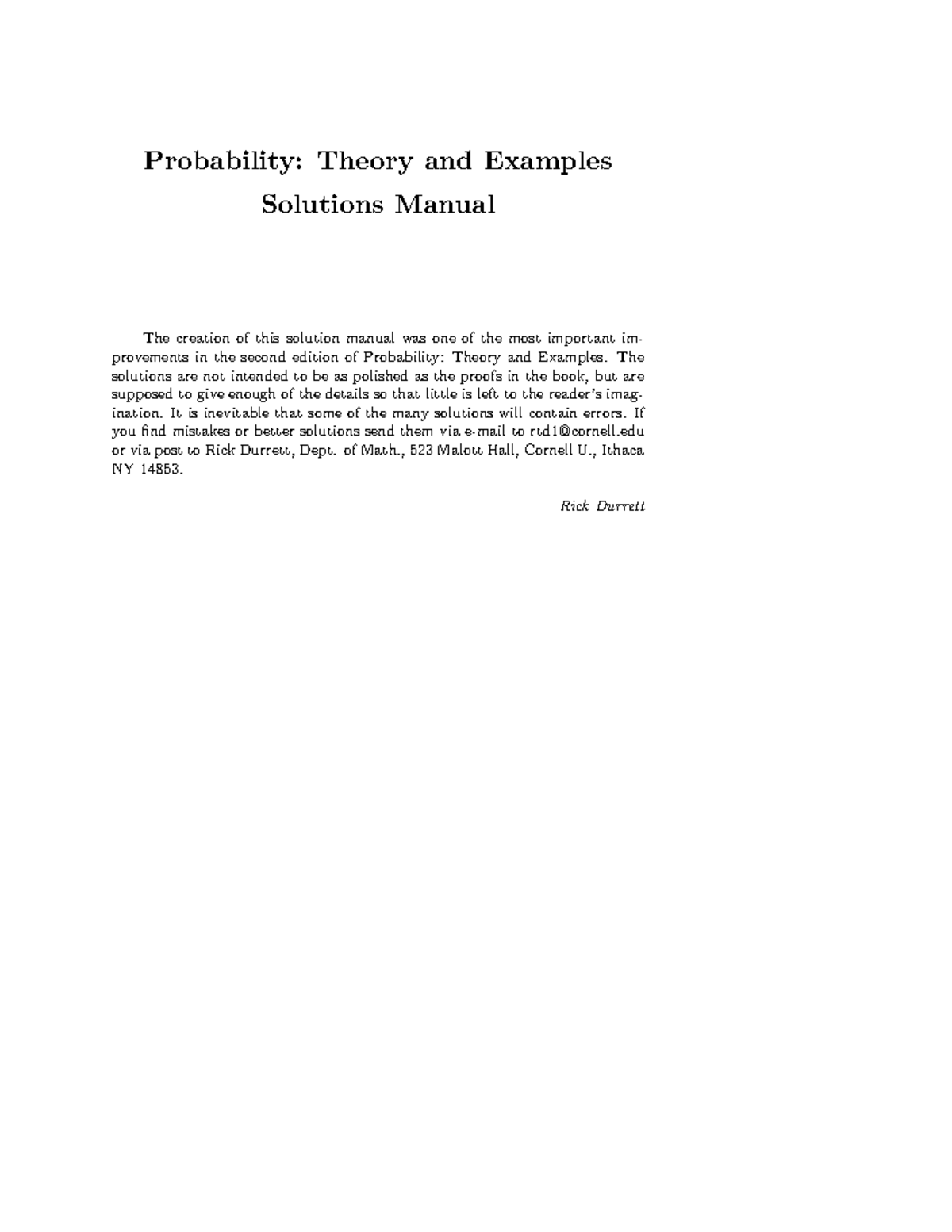 Durrett Probability Theory and Examples Solutions PDF - Probability ...