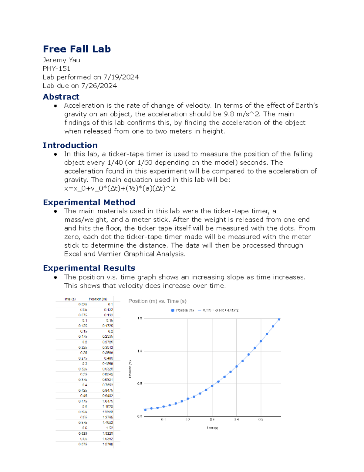 Lab2 - Lab2 of the university physics course - Free Fall Lab Jeremy Yau PHY- Lab performed on 7 ...