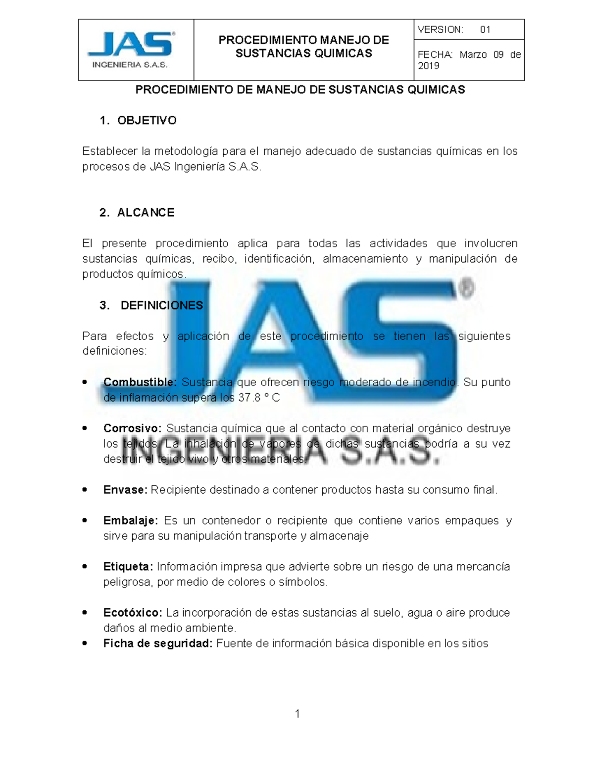 Procedimiento manejo de sustancias quimicas - PROCEDIMIENTO DE MANEJO DE SUSTANCIAS QUIMICAS 1 ...