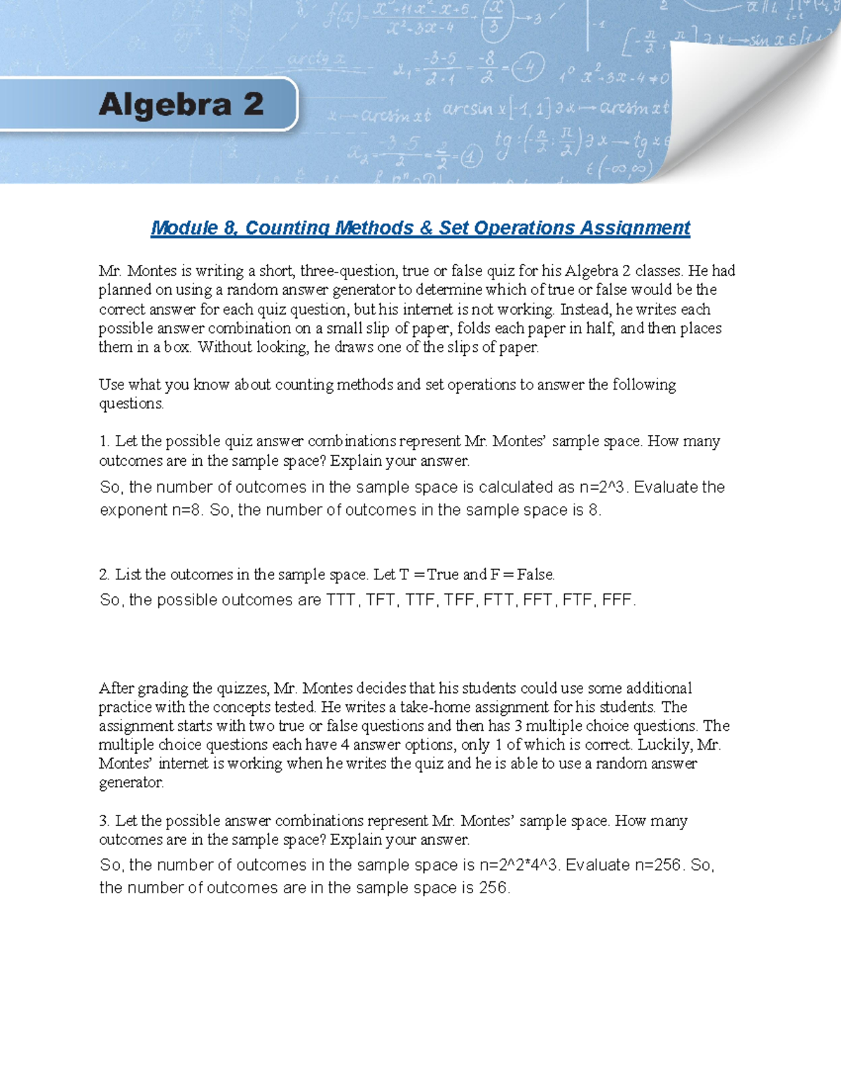 Alg2 M8 8 - Algebra 2 - Module 8, Counting Methods & Set Operations ...