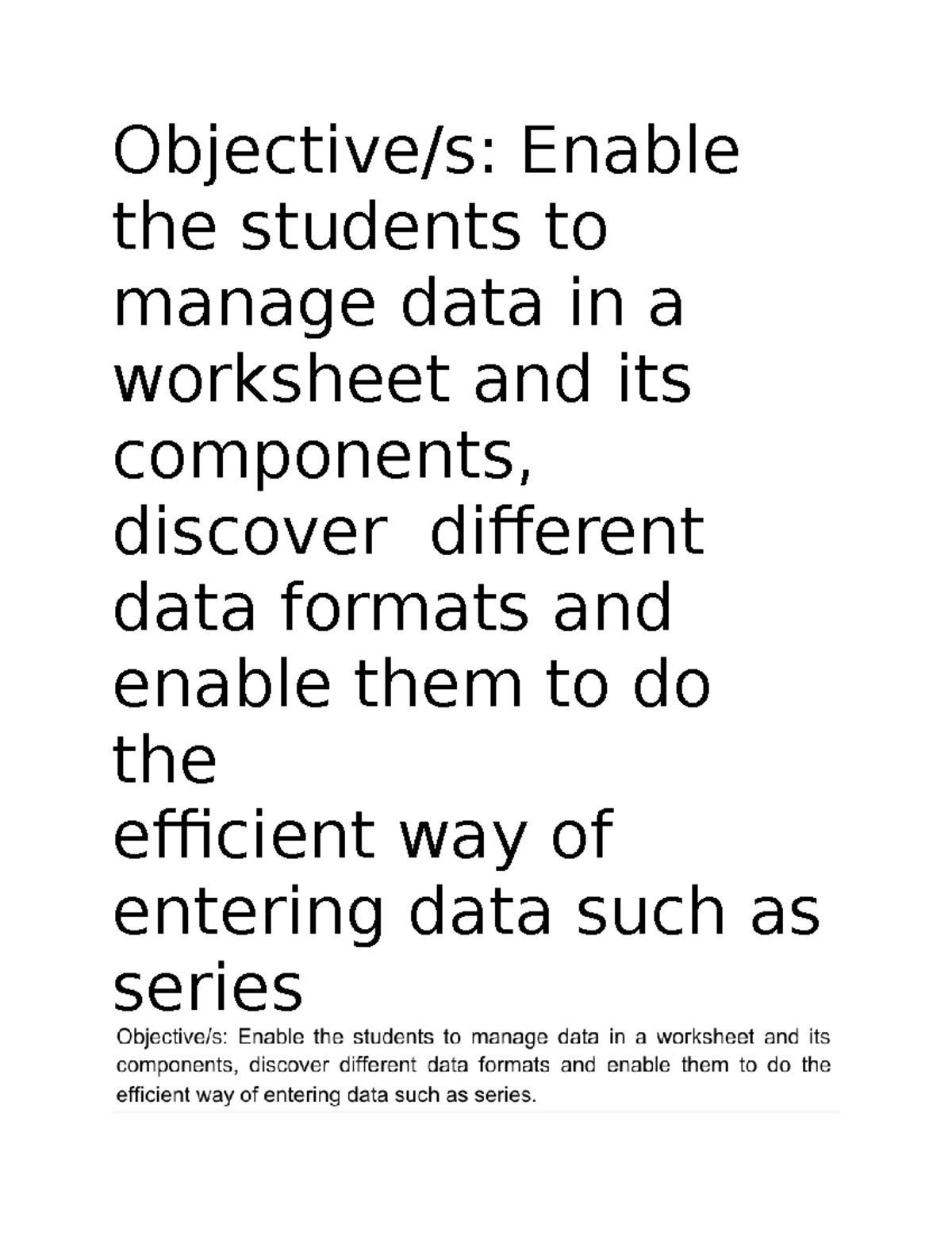 AIS Laboratory Activity 1 - Objective/s: Enable the students to manage data in a worksheet and ...