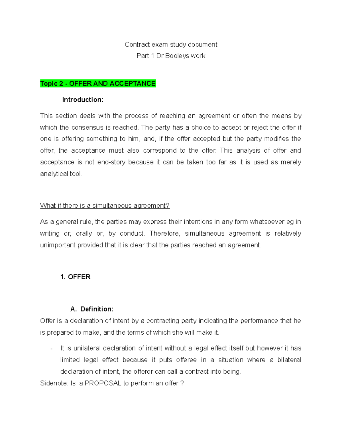 Contract exam study document - The party has a choice to accept or ...