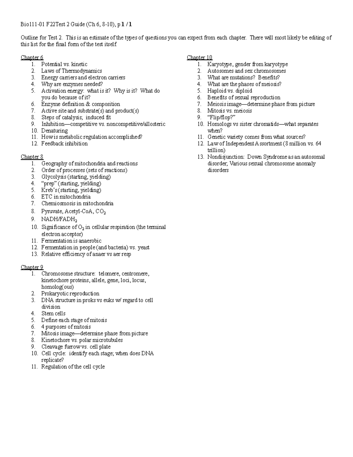 F22 Bio111 Outline for Test 2 - Bio111-01 F22Test 2 Guide (Ch 6, 8-10 ...