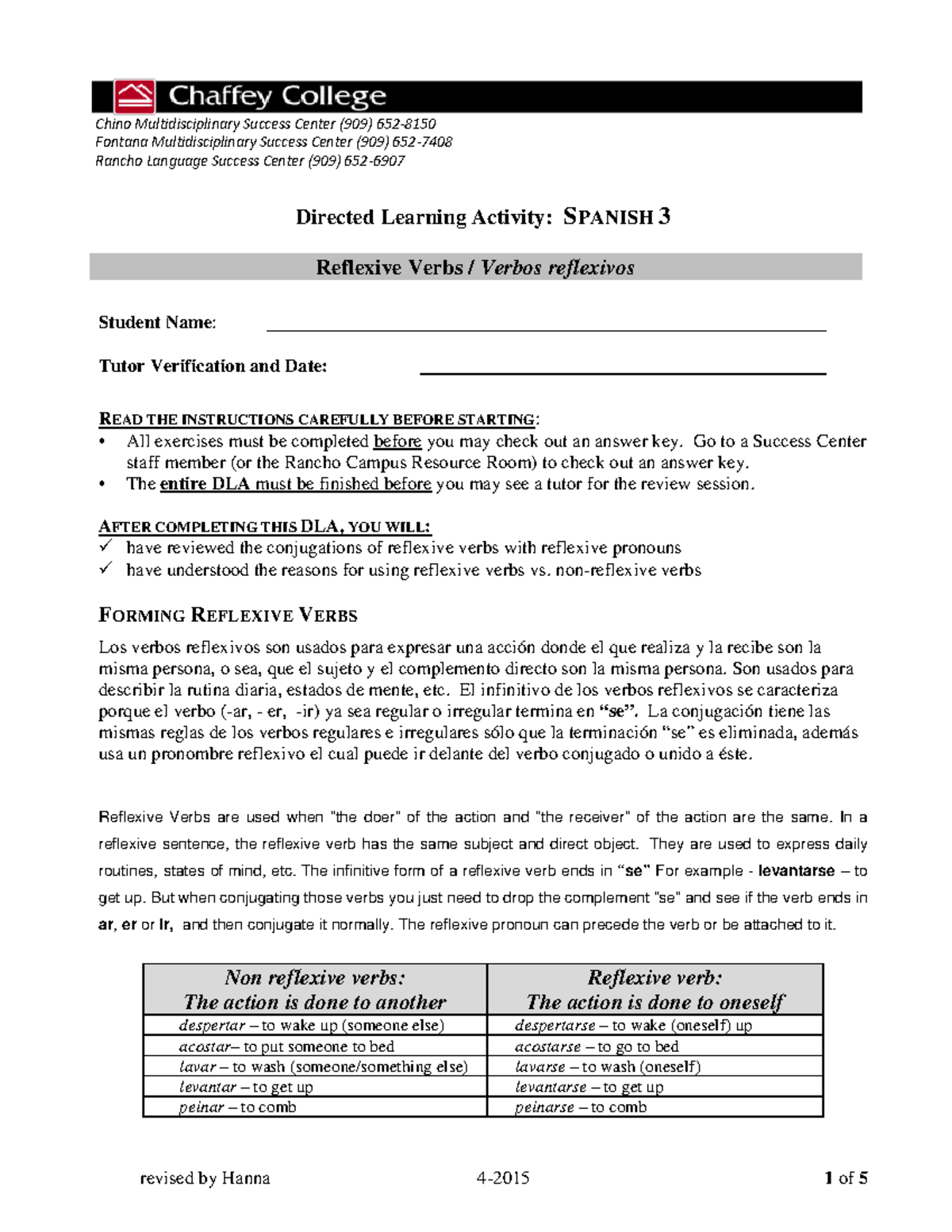 SP 3 DLA Reflexive Verbs-1 - ` Directed Learning Activity: SPANISH 3 ...