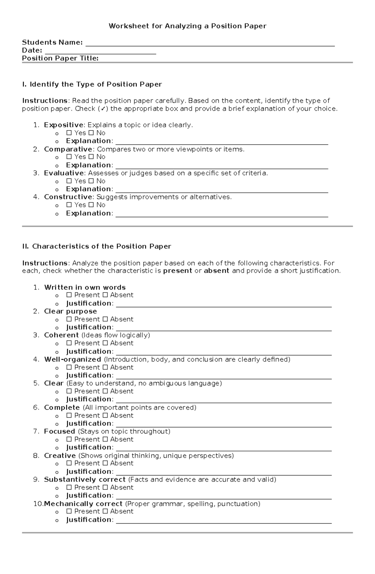 Worksheet for Analyzing a Position Paper - Worksheet for Analyzing a ...