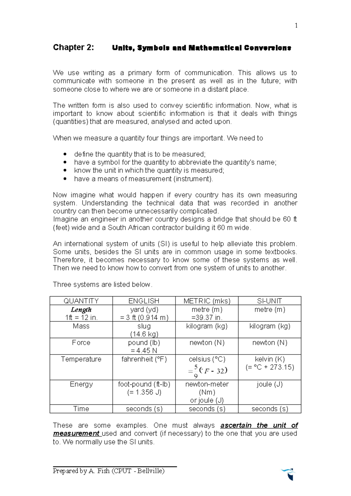 Chapter 2; Units&conversions Jan 2008 - Chapter 2: Units, Symbols and Mathematical Conversions ...