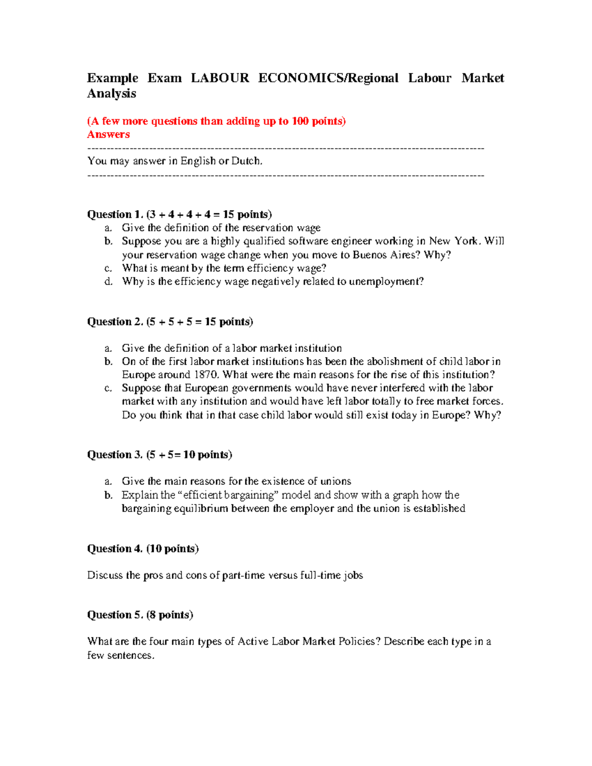 Test / practice exam 2013 questions - Example Exam LABOUR ECONOMICS ...