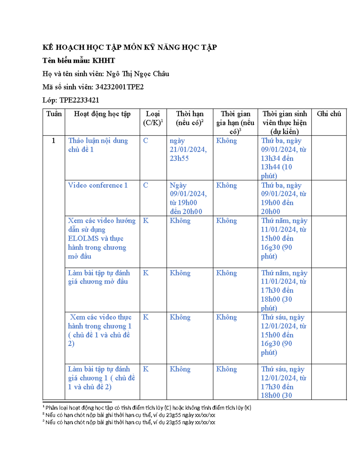 KHHT - phần 1 - Ngô Thị Ngọc Châu - KẾ HOẠCH HỌC TẬP MÔN KỸ NĂNG HỌC ...