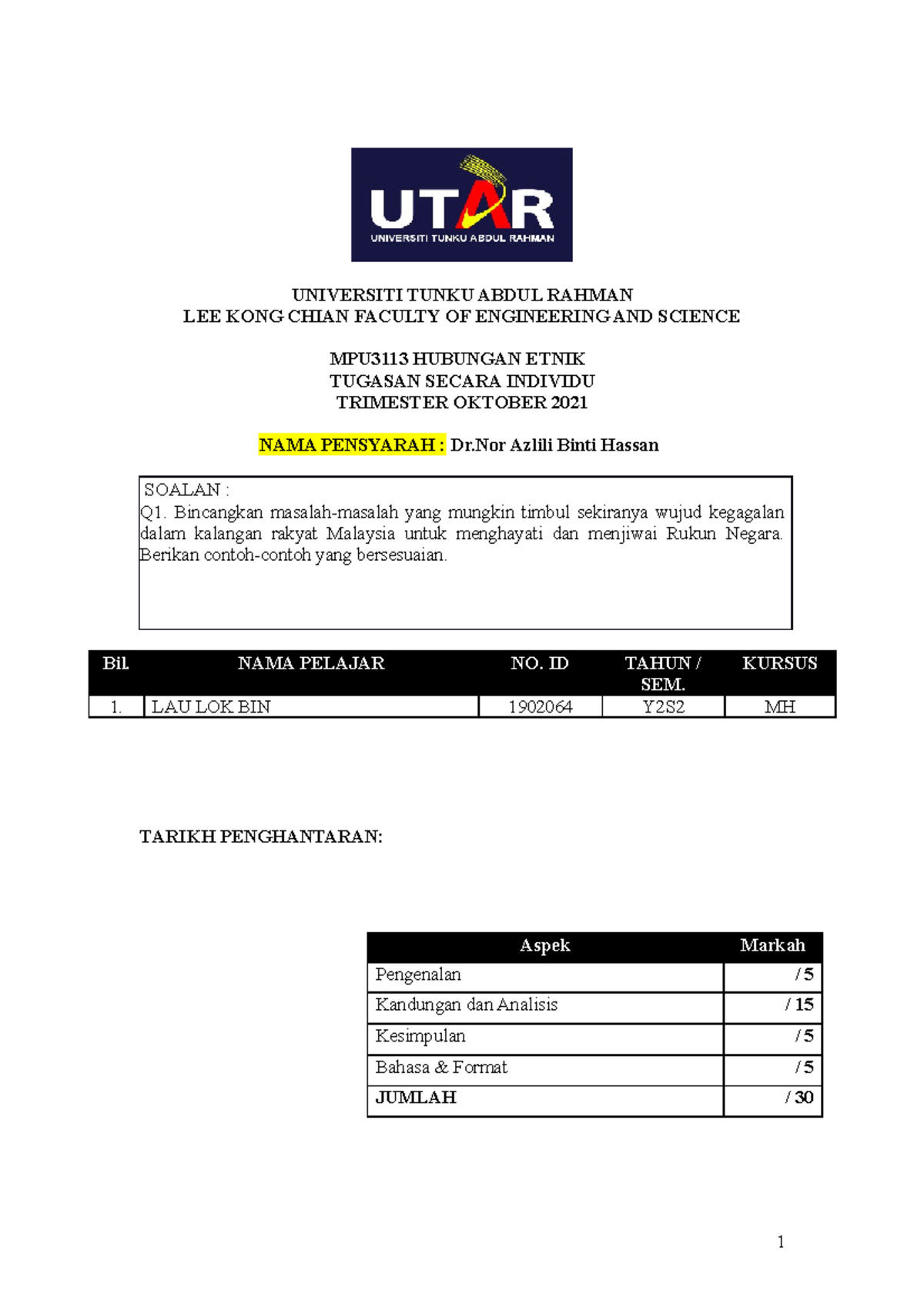 1902064 MH assignment paper 2021 session - Hubungan Etnik - UTAR - Studocu