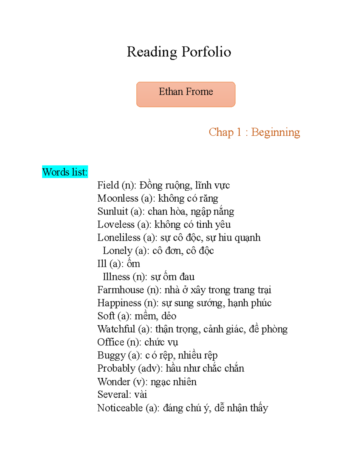 Reading Porfolio - Ethan Frome - Reading Porfolio Chap 1 : Beginning ...