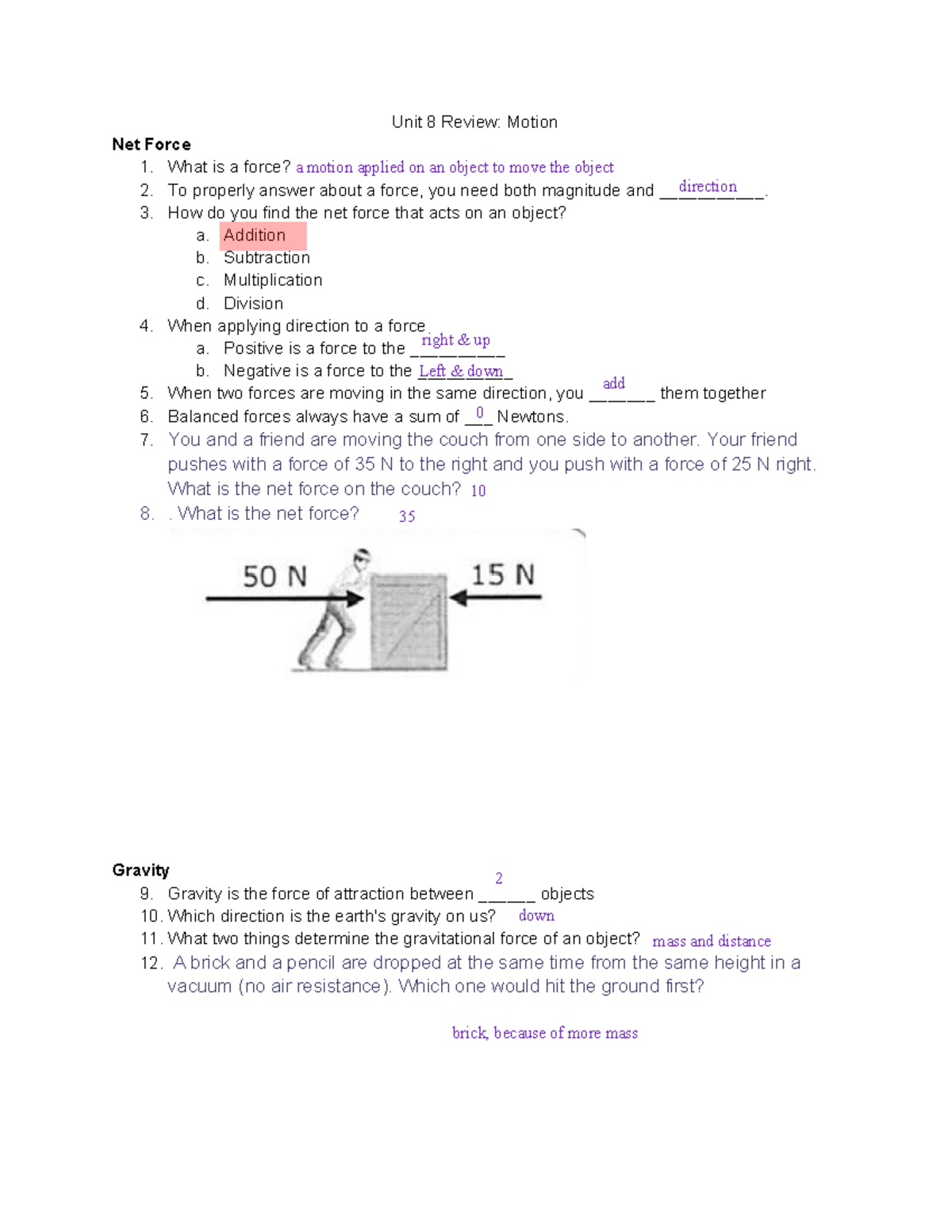 Damian Solis - Unit 8 Review Motion - Unit 8 Review: Motion Net Force 1 ...