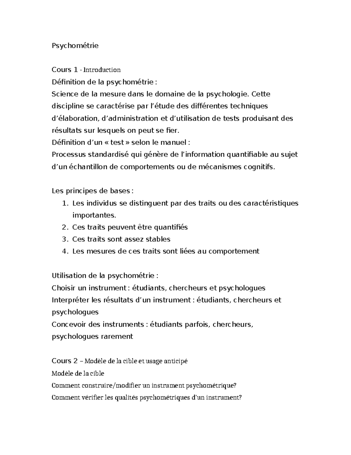 Psychométrie: notes de cours - Psychométrie Cours 1 - Introduction ...