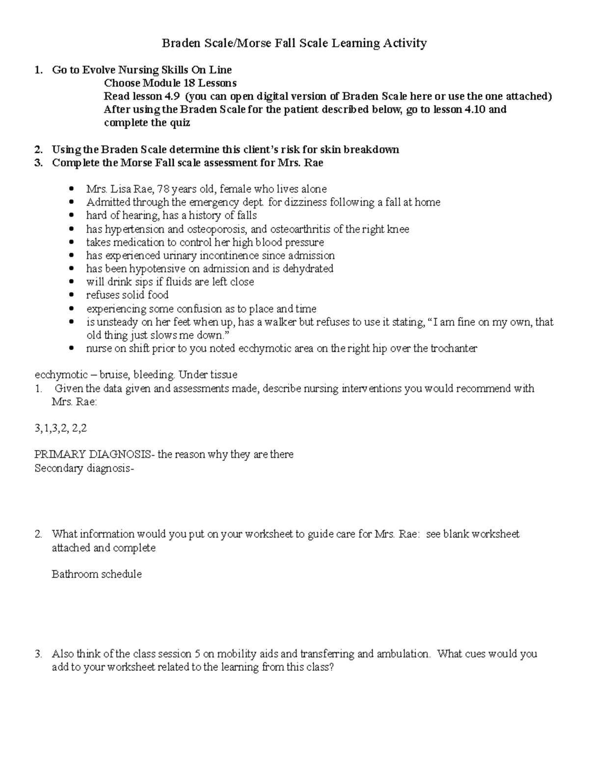 Braden Morse Fall Scale Exercise - Braden Scale/Morse Fall Scale ...