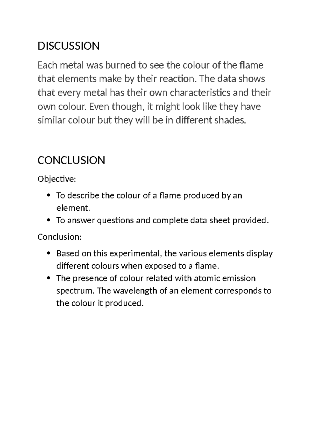 Discussion n Conclusion CHM - DISCUSSION Each metal was burned to see ...