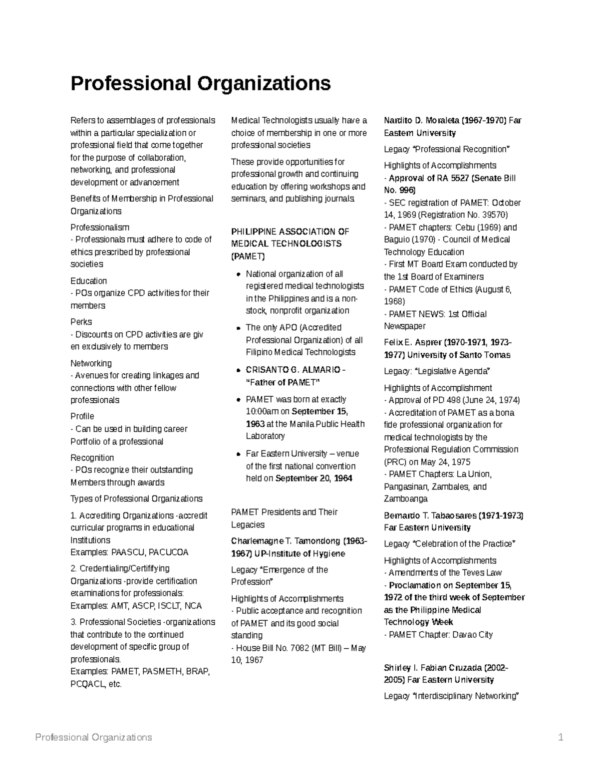 Professional Organizations - Examples: PAMET, PASMETH, BRAP, PCQACL ...