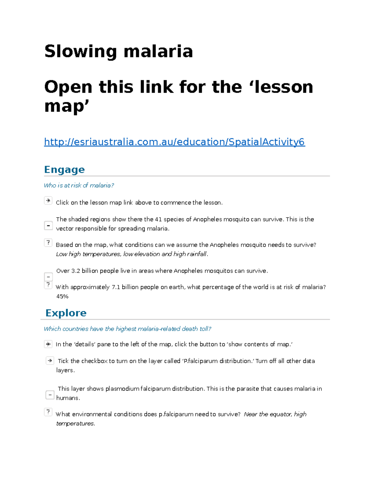 Slowing malaria work sheet for student-led learning 2020 - SCIE10004 ...