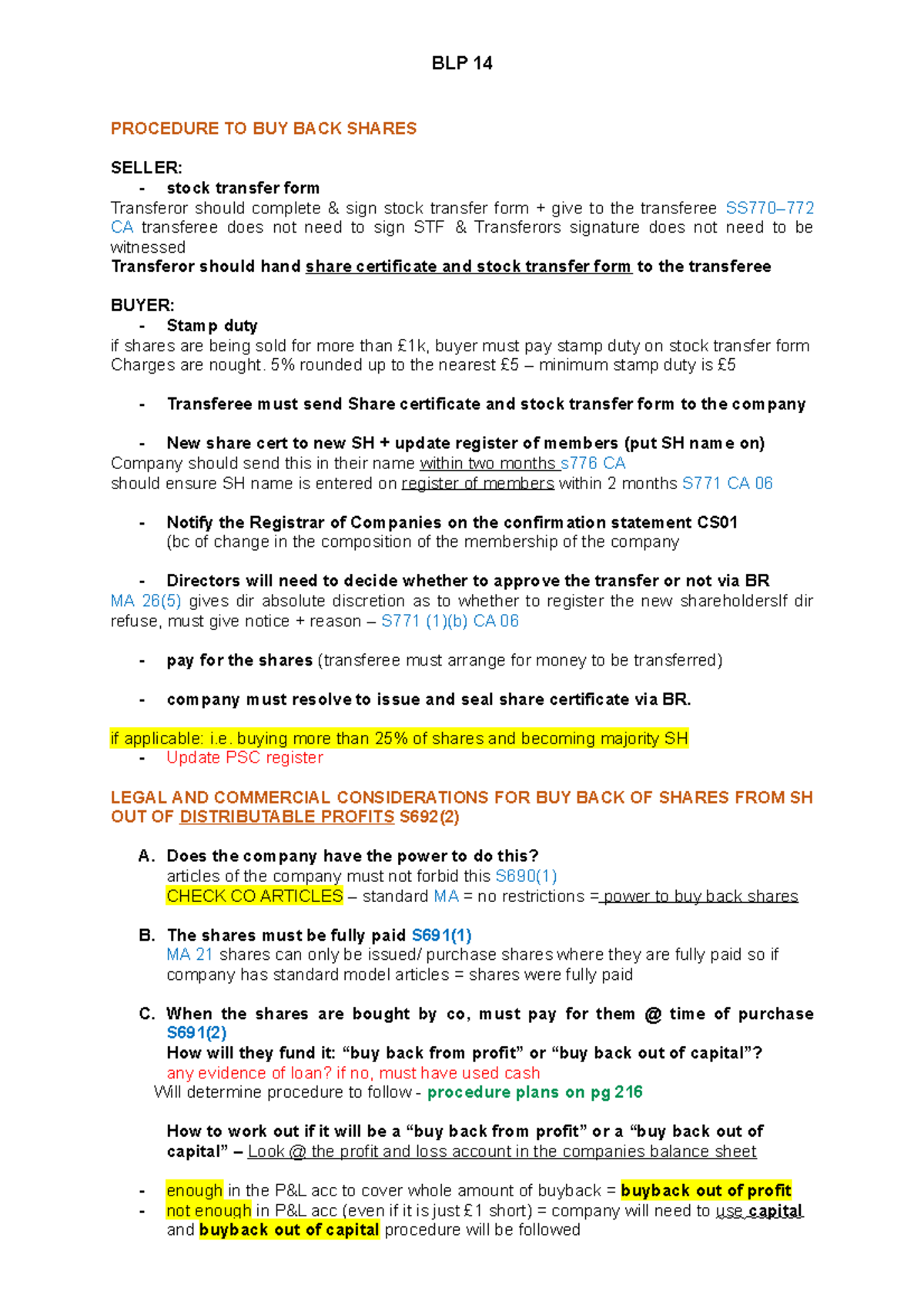 BLP WORKSHOP 14 - PROCEDURE TO BUY BACK SHARES SELLER: stock transfer form Transferor should ...