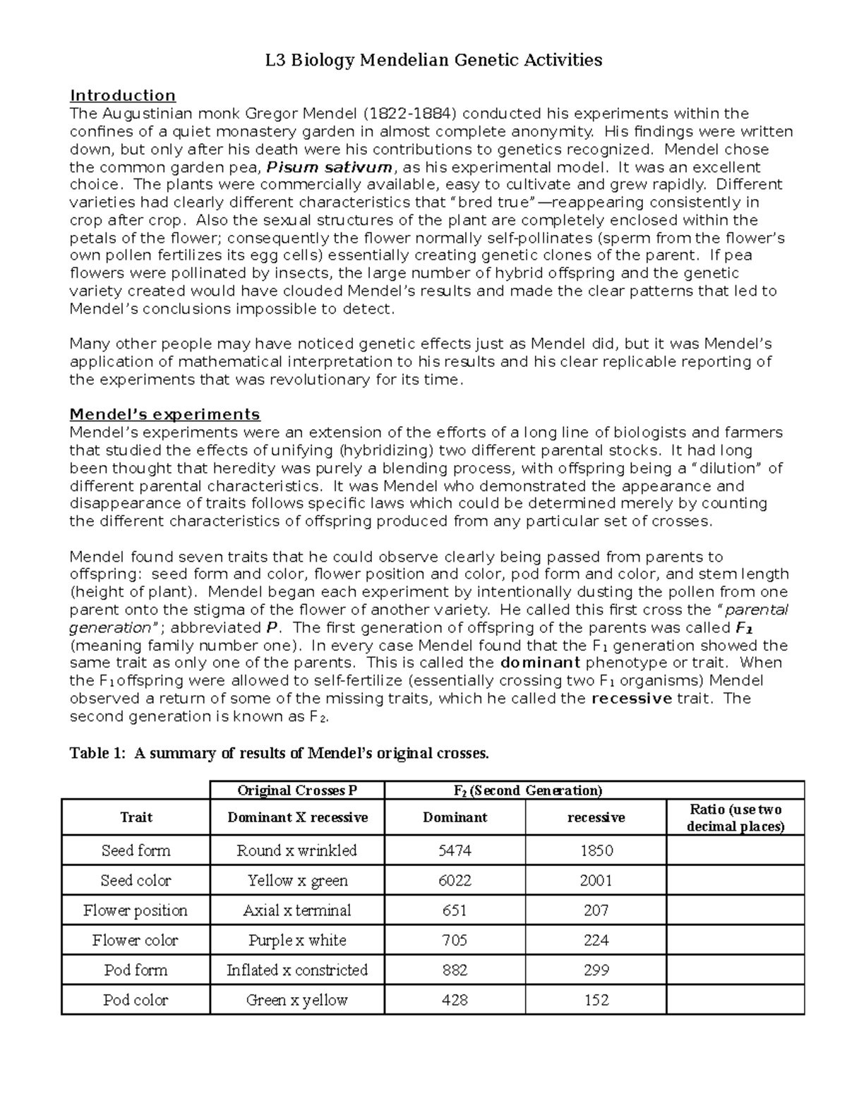 03a L3 Bio genetics activities - L3 Biology Mendelian Genetic ...