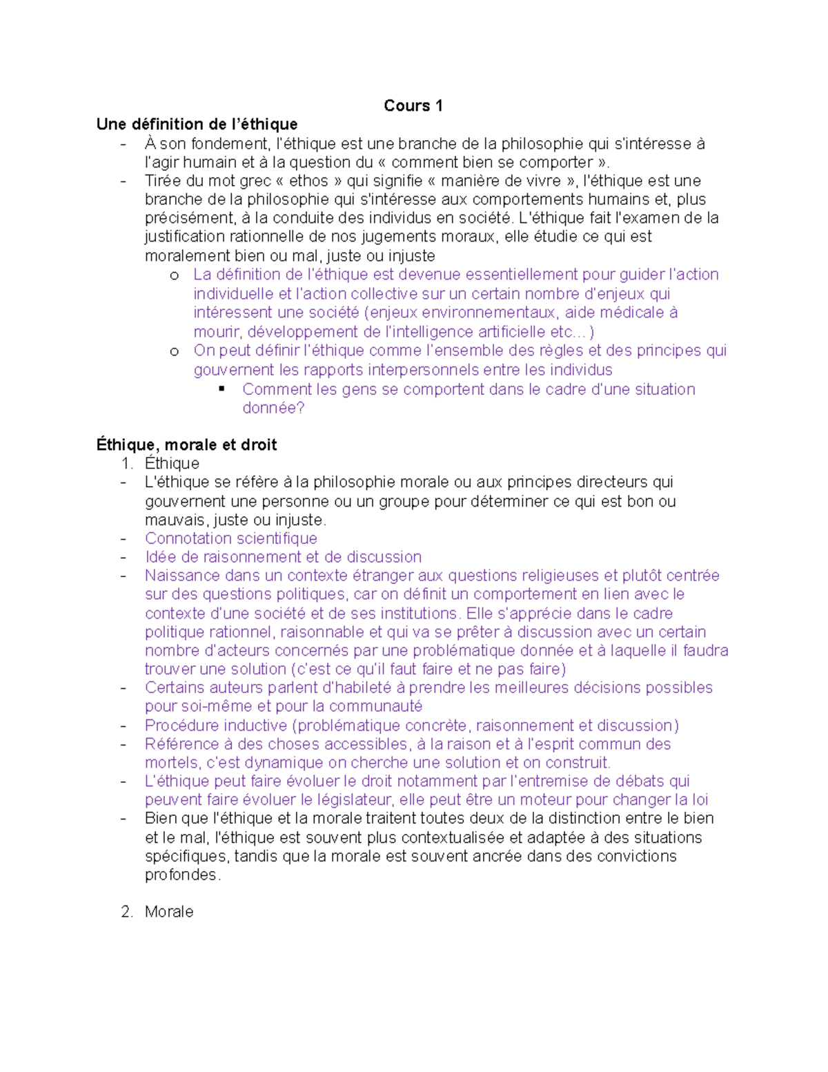 Notes de cours 2923 - Cours 1 Une définition de l’éthique À son ...