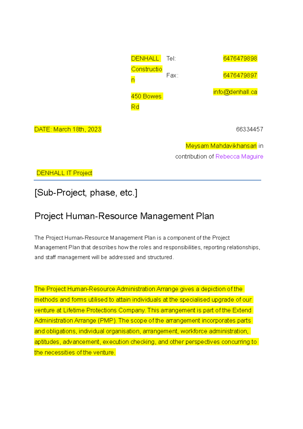 CNET 307 - HR Management Plan - DENHALL Constructio n 450 Bowes Rd Tel ...