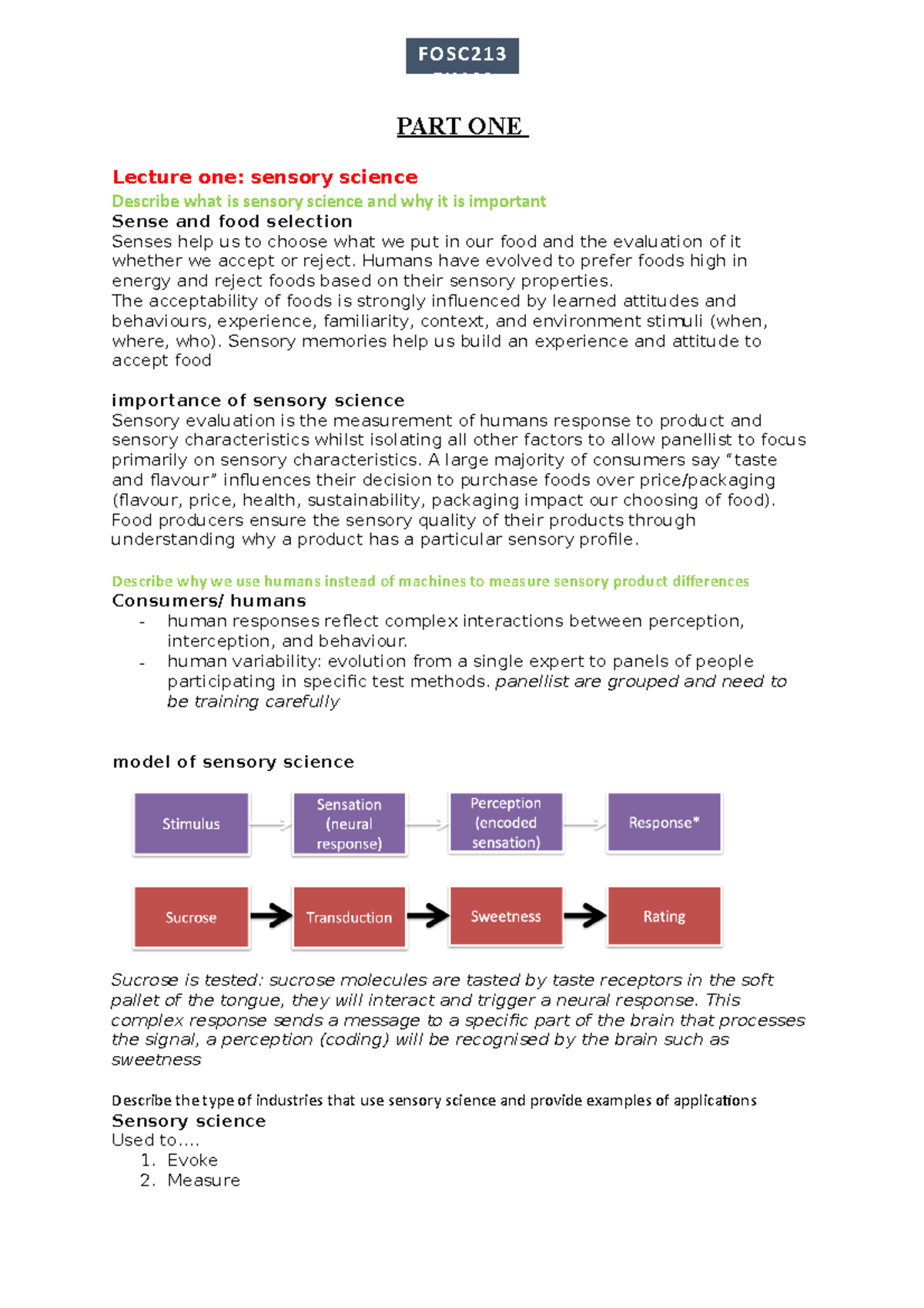 FOSC213 summary notes - PART ONE Lecture one: sensory science Describe ...