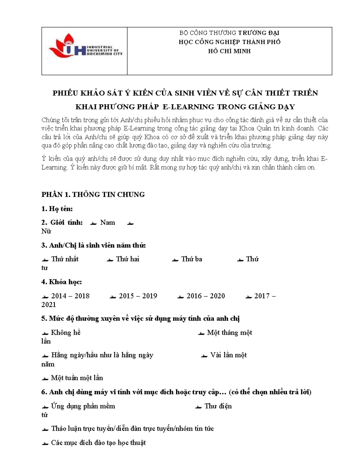 TH1 Tao khuon khao sat sv e-learning - BỘ CÔNG THƯƠNG TRƯỜNG ĐẠI HỌC CÔNG NGHIỆP THÀNH PHỐ HỒ ...