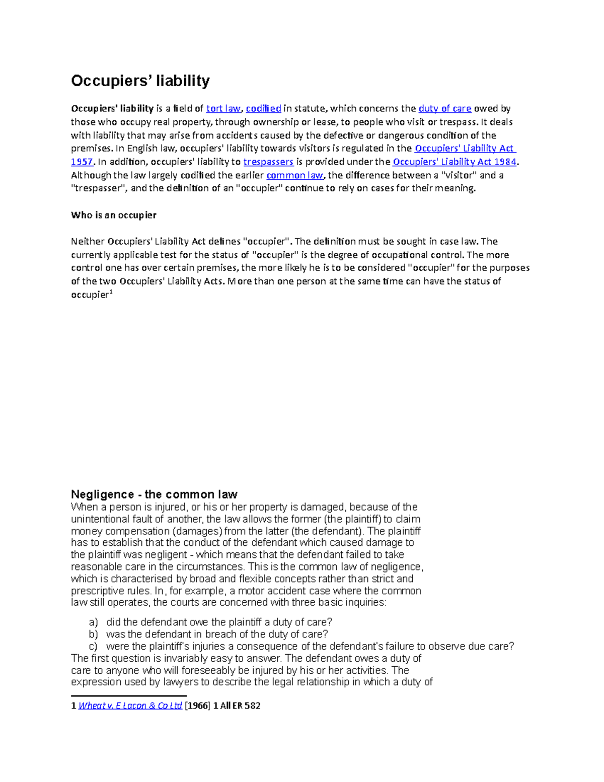 Occupiers Liability - Occupiers’ liability Occupiers' liability is a ...