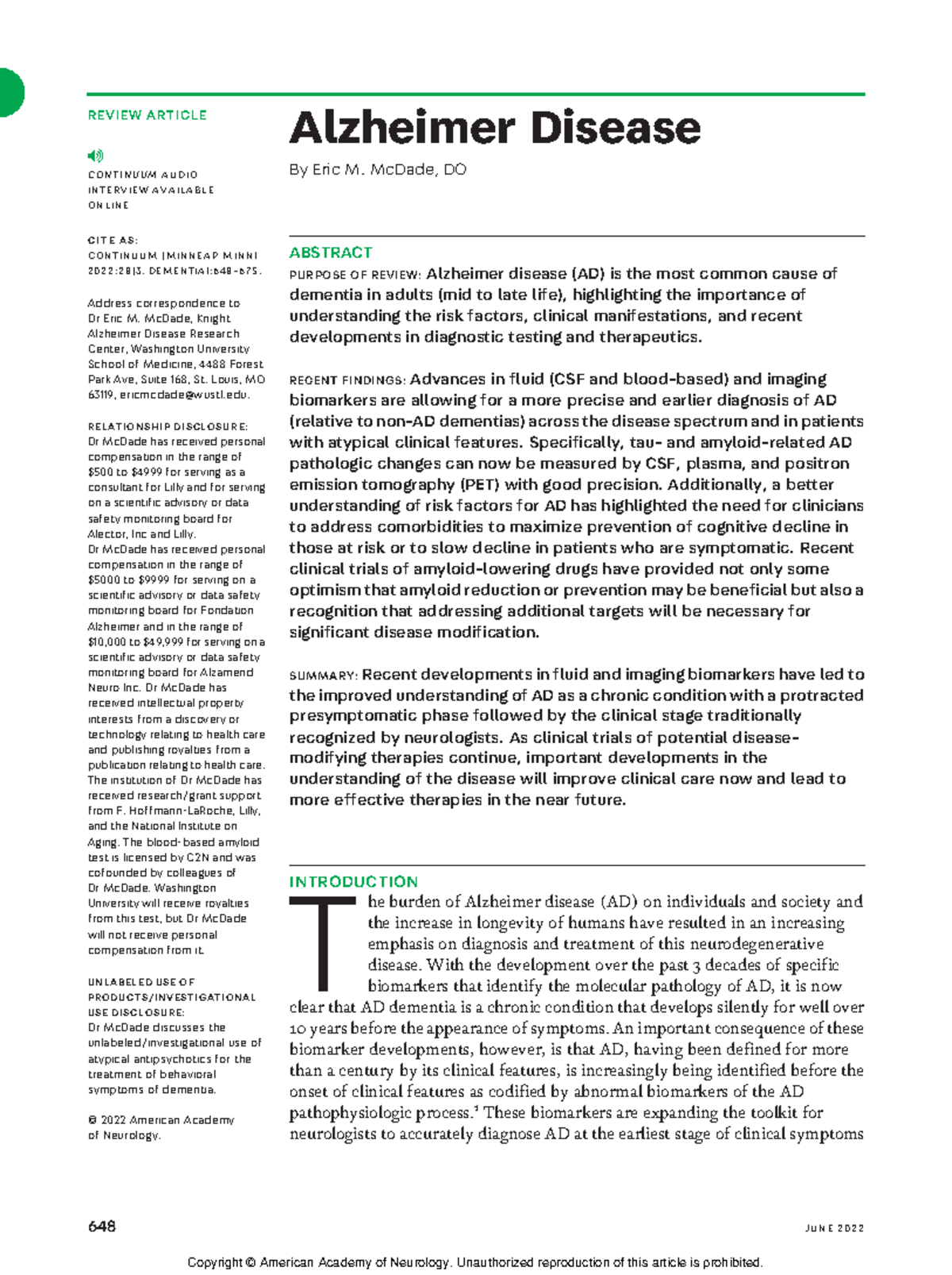 Alzheimer disease Continuum 2022 - Alzheimer Disease By Eric M. McDade ...
