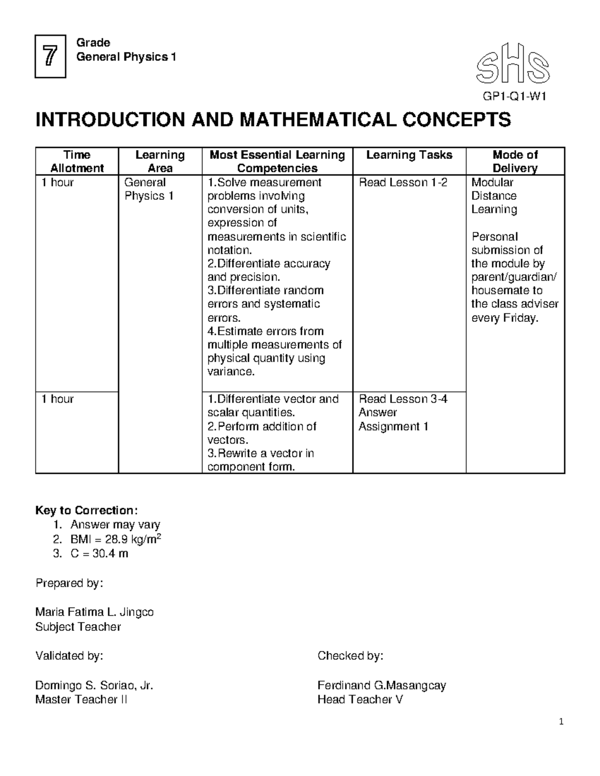 GP1-Q1-W1 - Module for Week 1 - Grade General Physics 1 INTRODUCTION ...