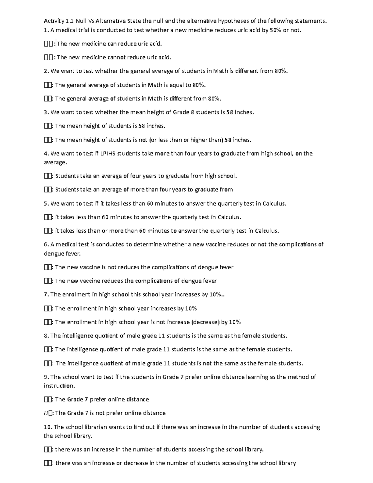 Activity-1 Statistics and probability - Activity 1 Null Vs Alternative State the null and the ...