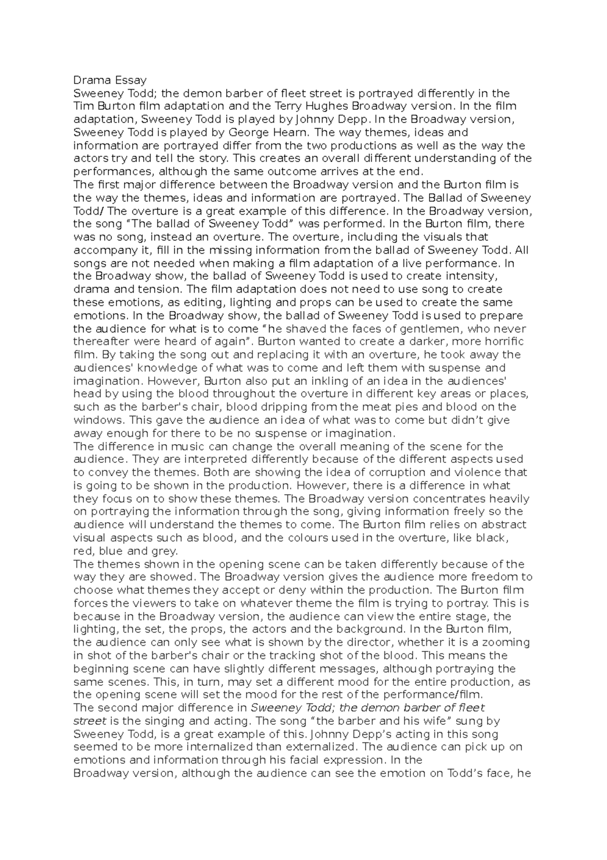 Drama Essay - Grade: 75 - Drama Essay Sweeney Todd; the demon barber of ...