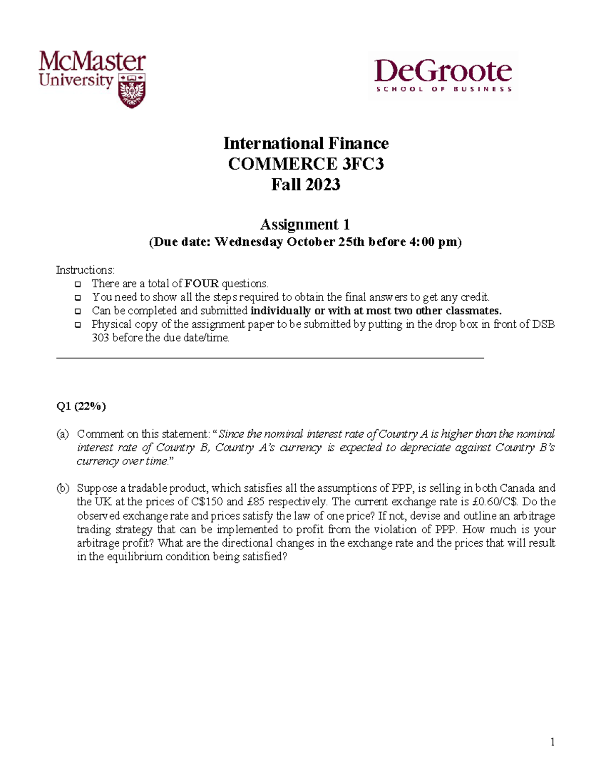 COM3FC3 assignment 1 - 1 International Finance COMMERCE 3FC Fall 2023 Assignment 1 (Due date ...