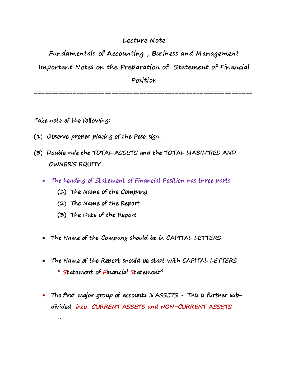 Statement of Financial Position Account Title - Assets and Liabilities ...
