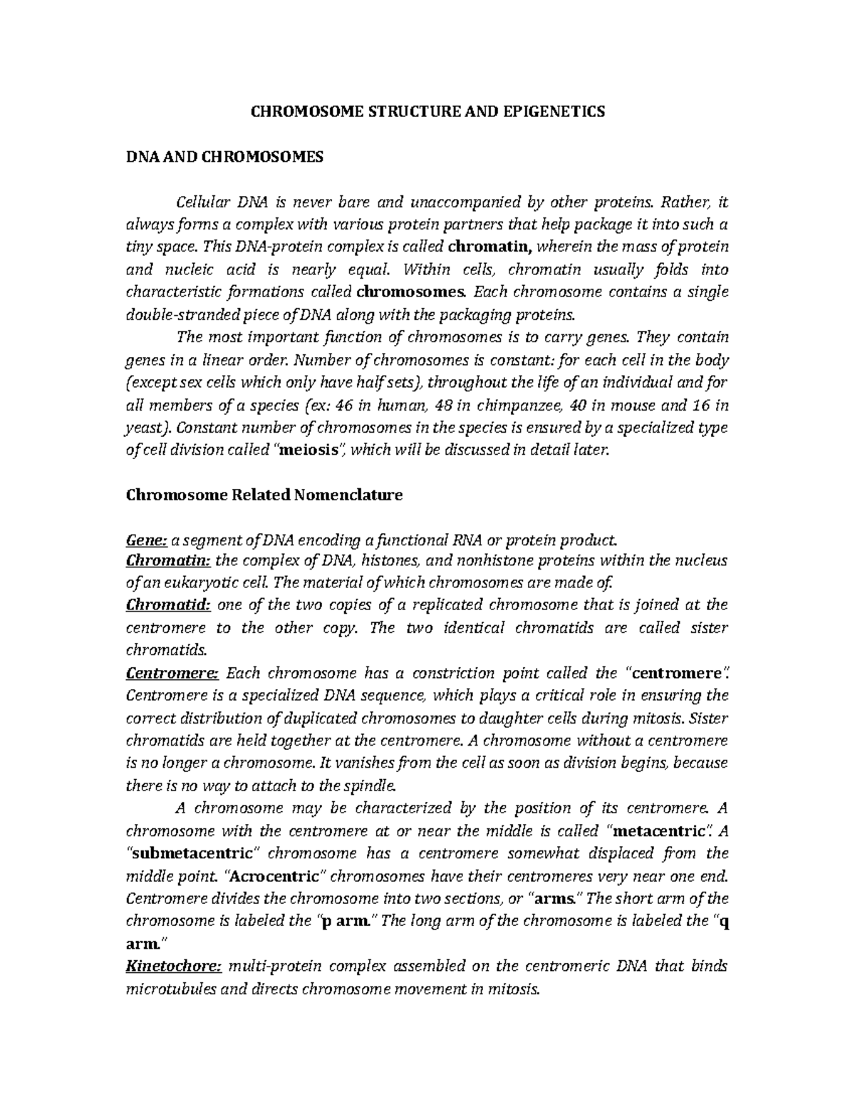 Chromosome Structure and Epigenetics Notes - CHROMOSOME STRUCTURE AND ...