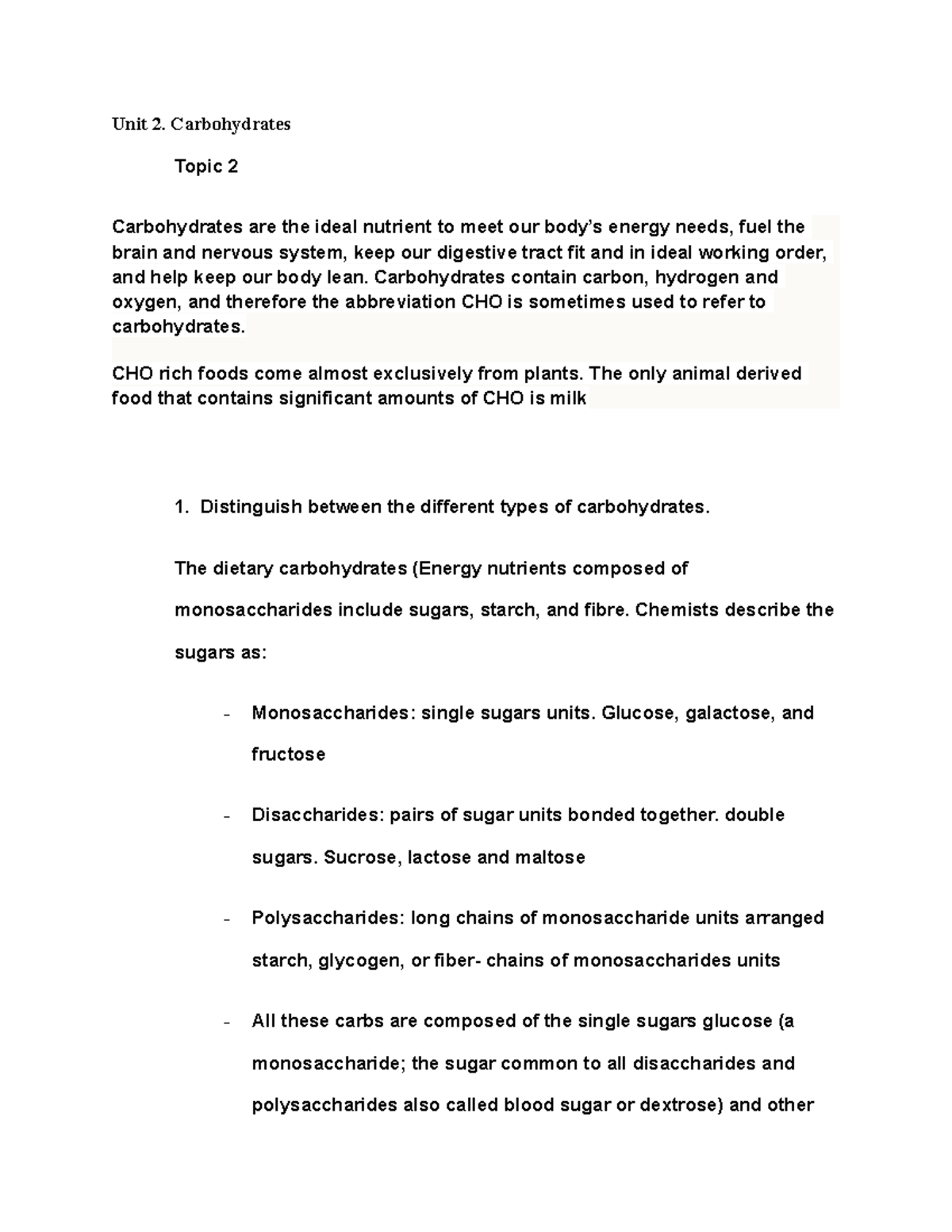 Unit 2 - Notes from textbook and links - Unit 2. Carbohydrates Topic 2 ...