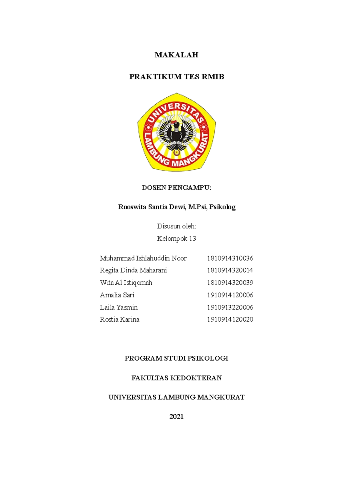 Kelompok 13 Praktikum RMIB - MAKALAH PRAKTIKUM TES RMIB DOSEN PENGAMPU ...
