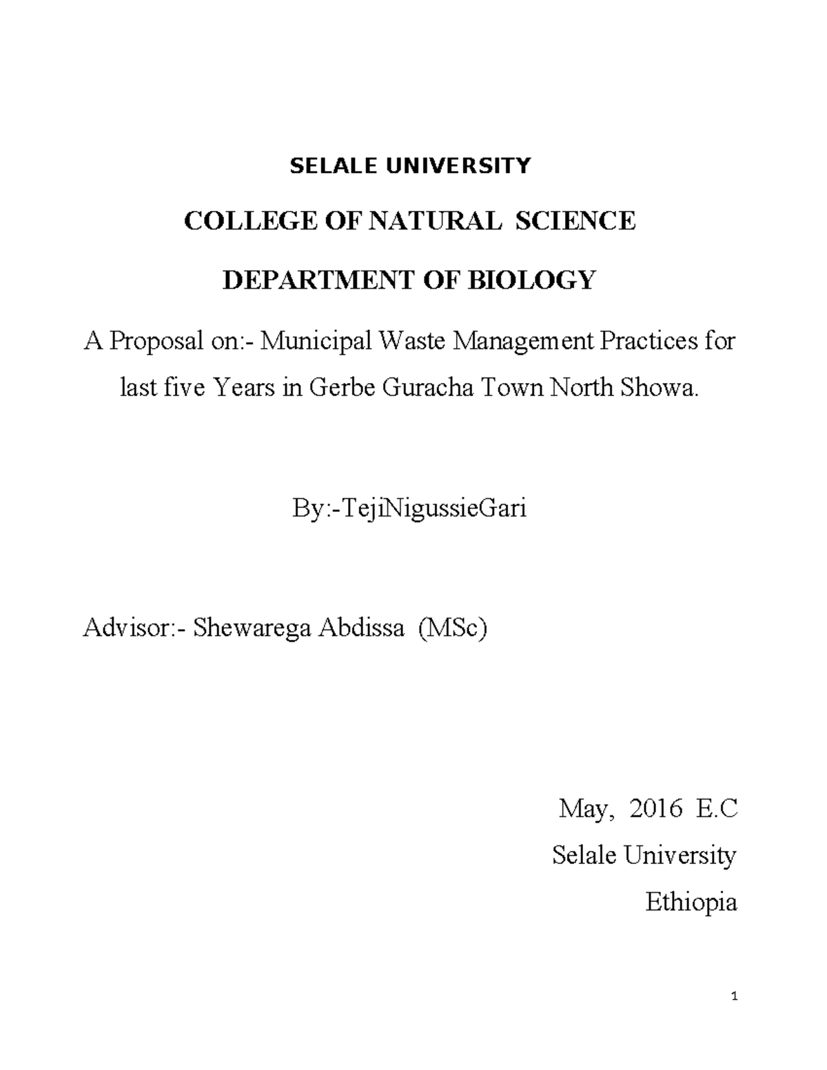 Municipal Waste Mngt - SELALE UNIVERSITY COLLEGE OF NATURAL SCIENCE ...