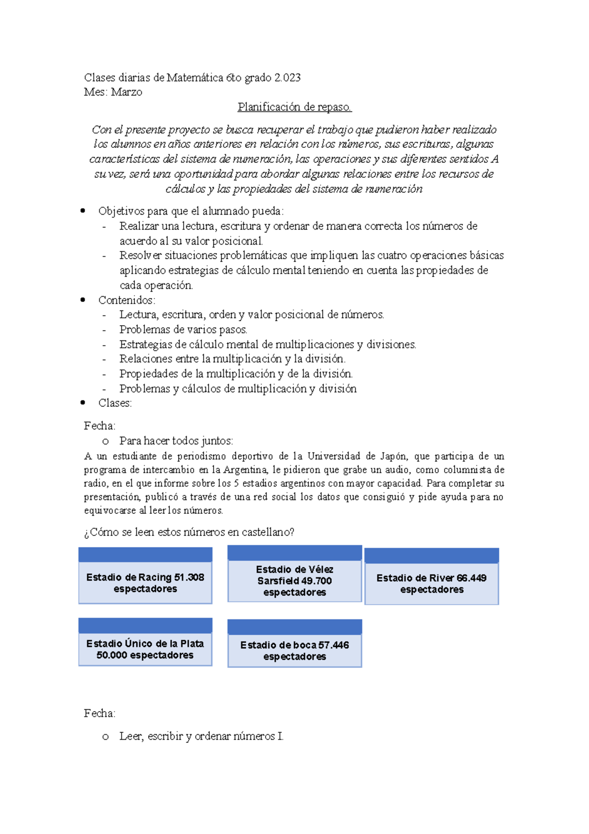 Clases diarias de Matemática 6to grado 2 - Mes: Marzo Planificación de ...