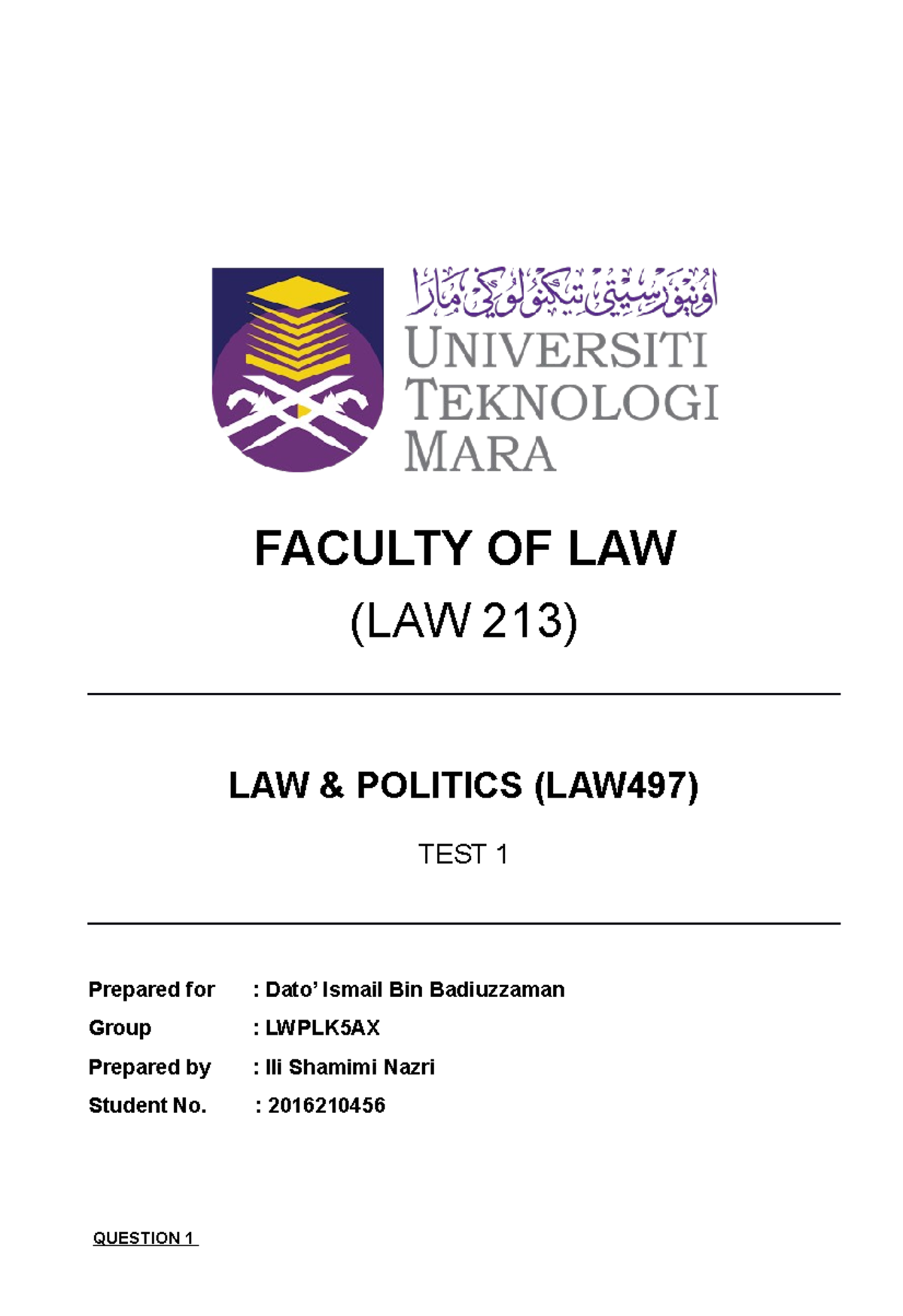 Law & Politics Tutorial - FACULTY OF LAW (LAW 213) LAW & POLITICS ...