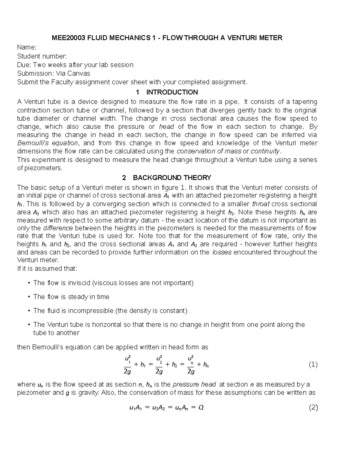 Lab venturi (1)-1 - MEE20003 FLUID MECHANICS 1 - FLOW THROUGH A VENTURI METER Name: Student ...