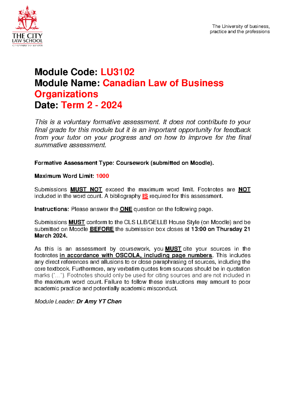 2024 Formative Coursework - Module Code: LU Module Name: Canadian Law of Business Organizations ...