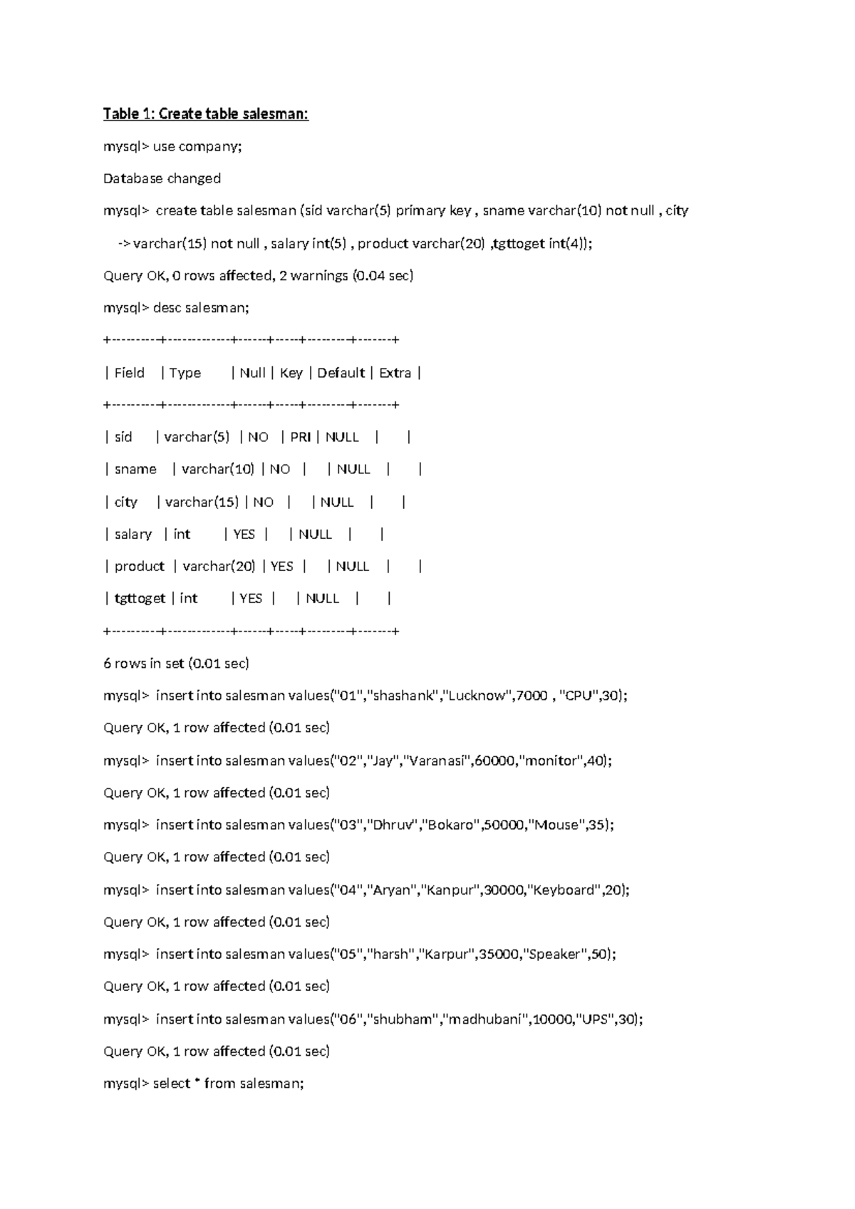 Lab 1 Dbms Lab Queries Of Sql Table 1 Create Table Salesman 2604