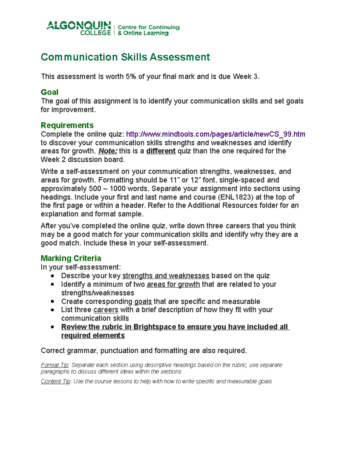 1 Communication Skills Assessment s23 - ENL1823 - Algonquin College ...