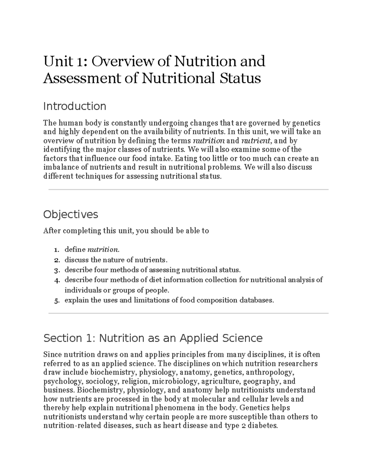 Unit 1 - Summary - Unit 1: Overview of Nutrition and Assessment of ...