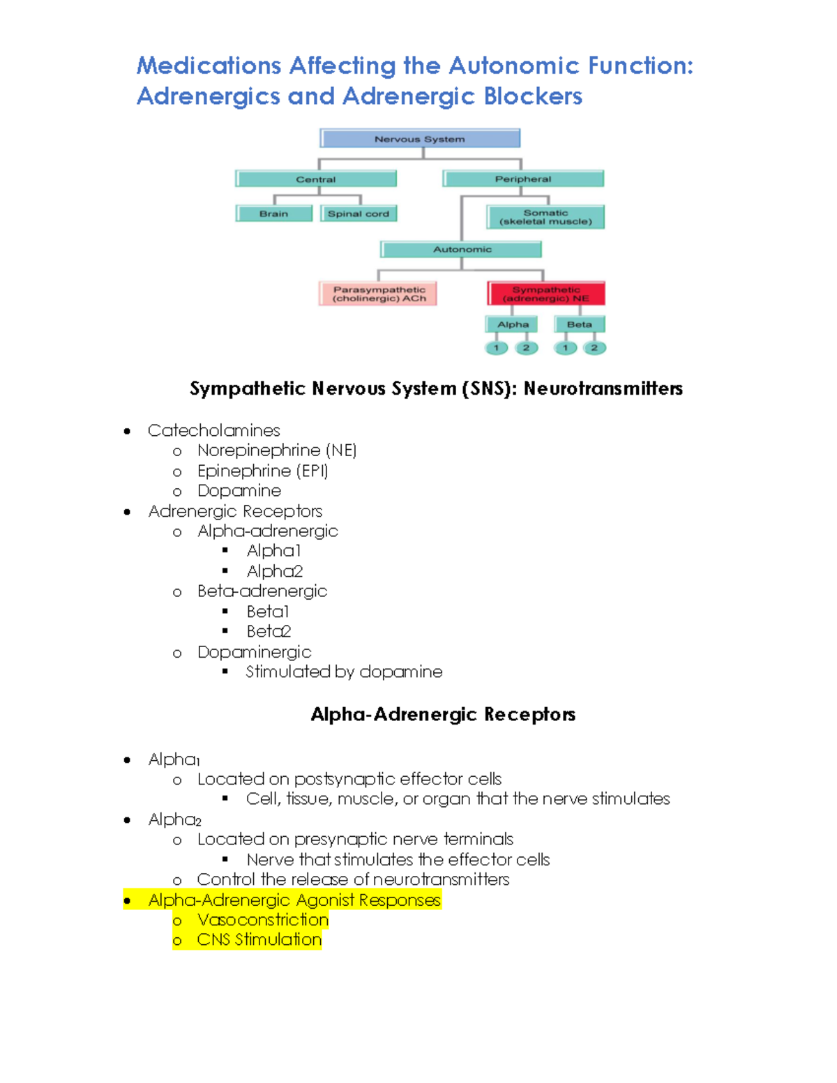 Adrenergic WK1 Pharm 2 - Medications Affecting the Autonomic Function ...