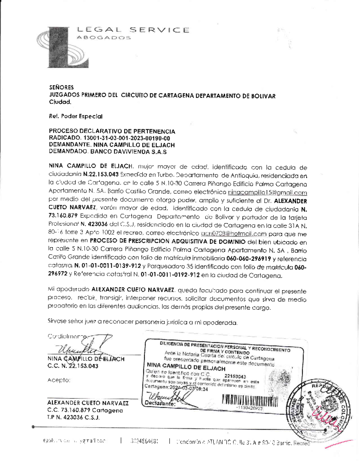Poder Proceso DE Pertenencia NINA Campillo DE Eljach A ALEX Cueto - L ...