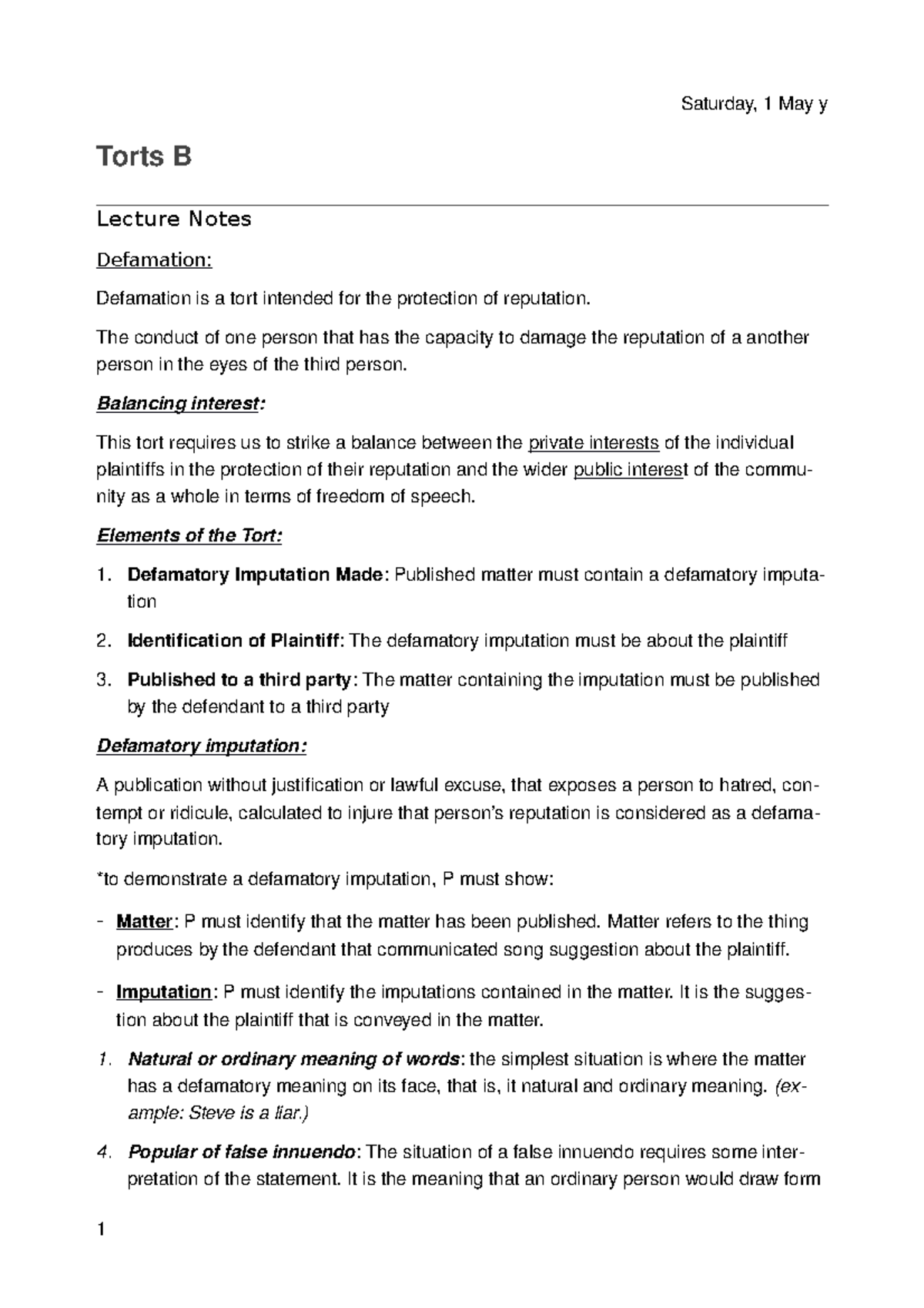 Torts B Lecture Notes - Torts B Lecture Notes Defamation: Defamation is ...