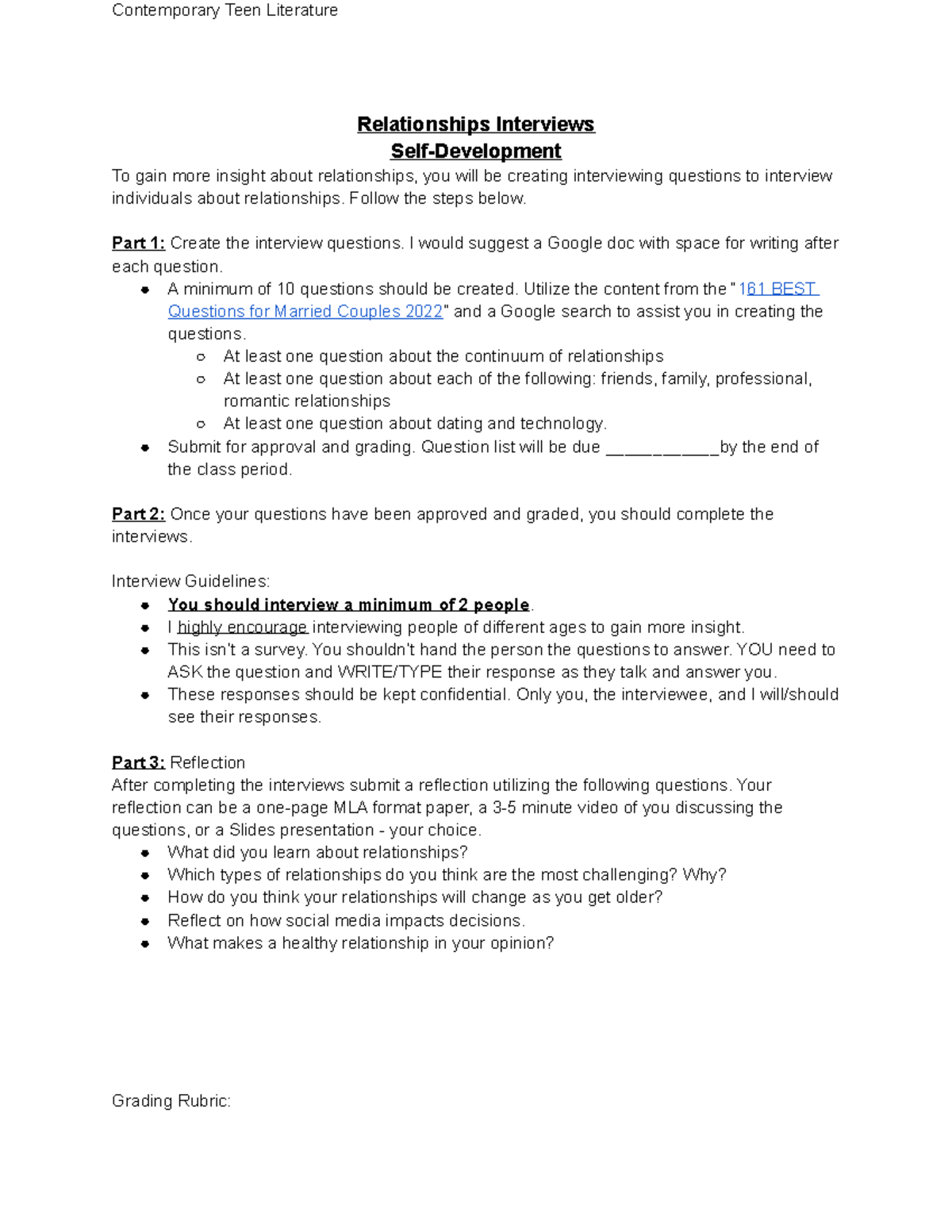 Relationship Interviews Menton - Contemporary Teen Literature ...