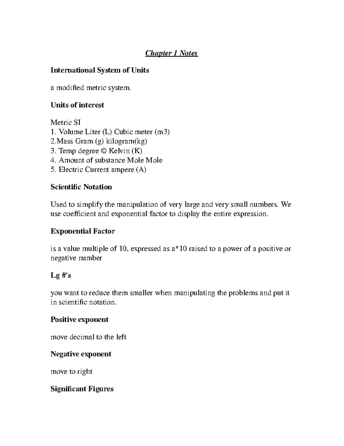 Chem1010 Chapter 1 Notes - Chapter 1 Notes International System of ...